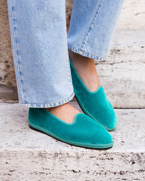 Velasca | Turquoise velvet friulane shoes, Made in Italy